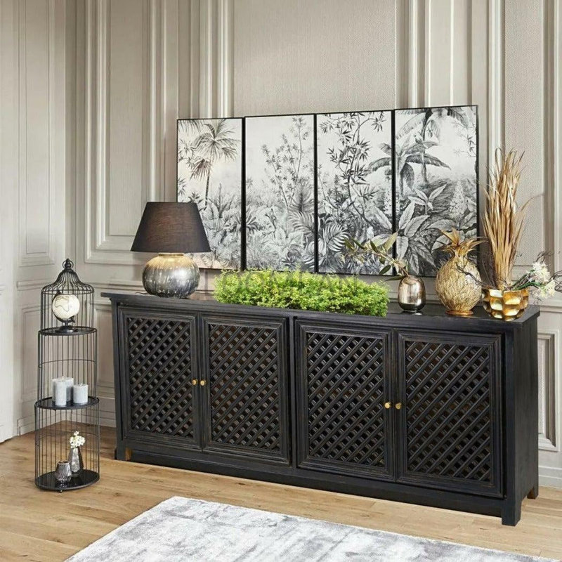 Wildon Home Tira 72 Inch Black Distressed Wood Sideboard Buffet Carved 3 Doors Server Cabinet Wayfair